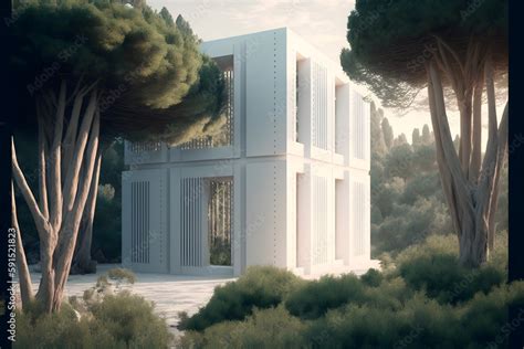 White Minimalistic Orthogonal Grid Architecture Embedded In Lush Mediteranean Forest 8k Render
