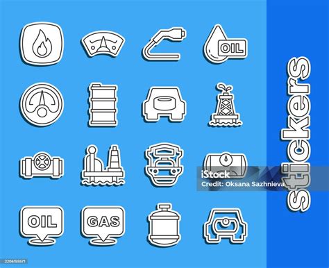 차량 용 라인 가스 탱크 석유 굴착 장치 전기 케이블 플러그 충전 배럴 오일 모터 가스 게이지 화재 화염 및 스페어 휠 자동차 아이콘을 설정합니다 벡터 가솔린에 대한 스톡