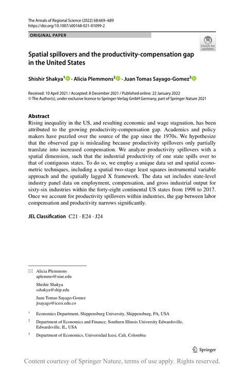 Spatial Spillovers And The Productivity Compensation Gap In The United States Request Pdf