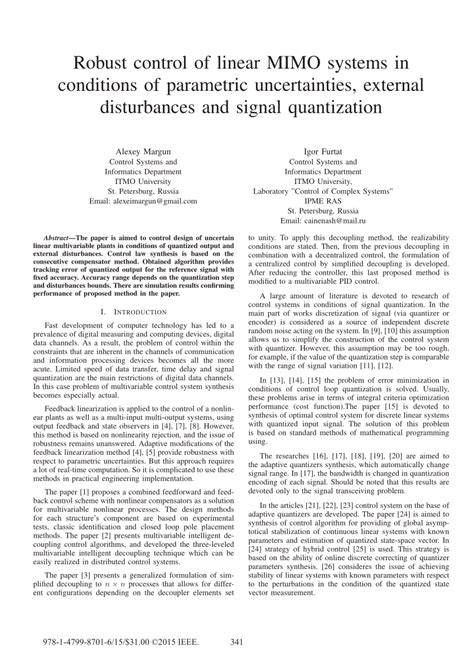 Pdf Robust Control Of Linear Mimo Systems In Conditions Of Parametric