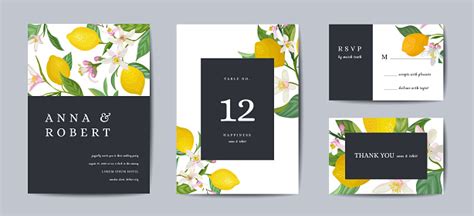 식물 결혼식 초대장 카드 빈티지 날짜 레몬 과일 꽃과 잎의 템플릿 디자인을 저장 꽃 그림의 집합입니다 벡터 유행 커버 그래픽 포스터 브로셔 0명에 대한 스톡 벡터 아트 및