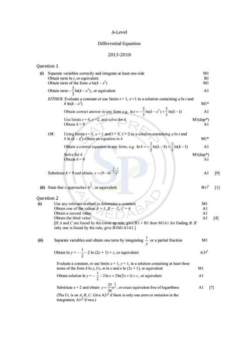 Topic Wise A Level Math Past Paper Differential Equation Ms