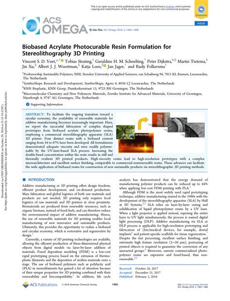 Pdf Stereolithographic 3d Printing With Renewable Acrylates