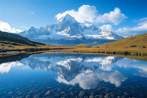 Lake Reflecting Snowy Mountain And Blue Sky With Clouds Stock Image