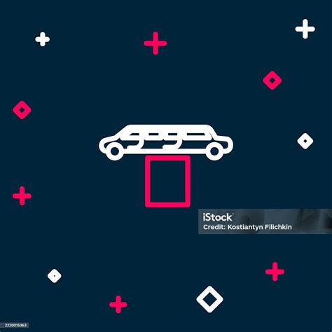 라인 럭셔리 리무진 자동차와 카펫 아이콘은 파란색 배경에 고립되어 있습니다 세계 초연 유명인 및 게스트 포스터용 다채로운 개요 개념 벡터 Brand Name Domestic