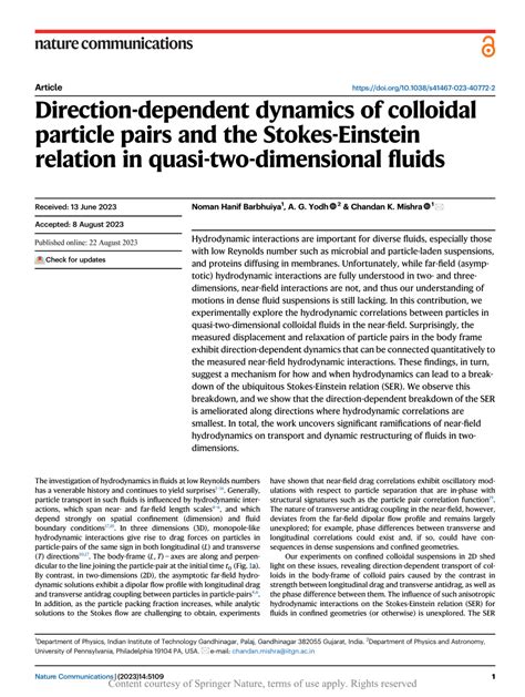 Pdf Direction Dependent Dynamics Of Colloidal Particle Pairs And The Stokes Einstein Relation