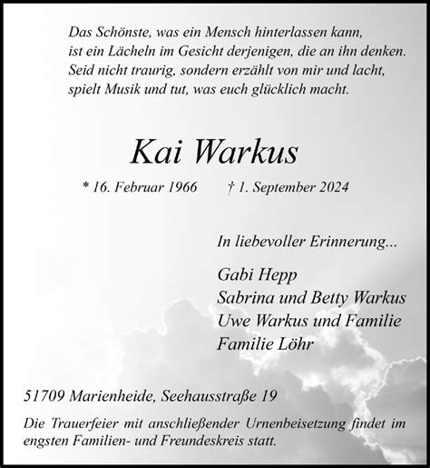 Traueranzeigen Von Kai Warkus Wirtrauern
