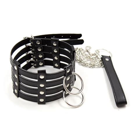 Black Pu Leather Bdsm Fetish Bondage Restraint Collar With Leash Adult