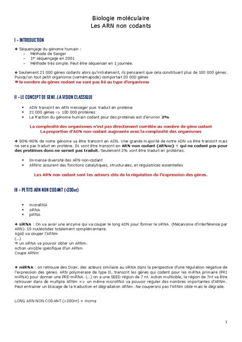 Les Arn Non Codants Biologie Moléculaire Les Arn Non Codants I