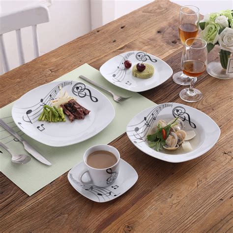 Veweet Ceramic Dinner Set 30 Piece Ivory White Black Lines Porcelain