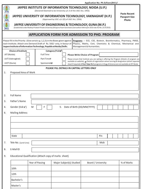 Phd Application Form Even Sem 2011 Pdf Doctor Of Philosophy