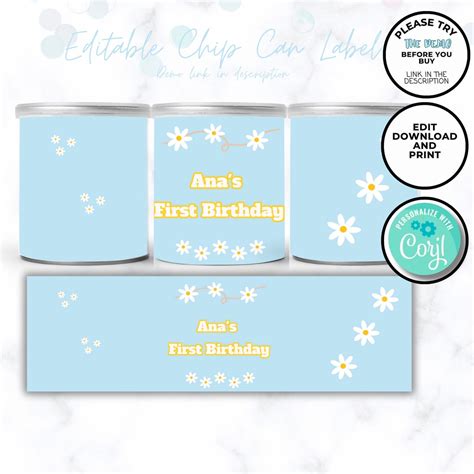 Editable Daisy Chips Can Label Printable Daisy Birthday Party Potato