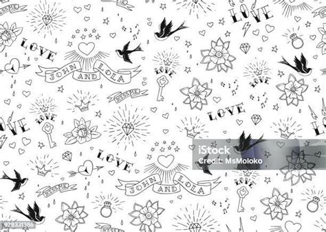 Tato Jadul Bermotif Burung Bunga Mawar Dan Hati Cinta Dan Tema