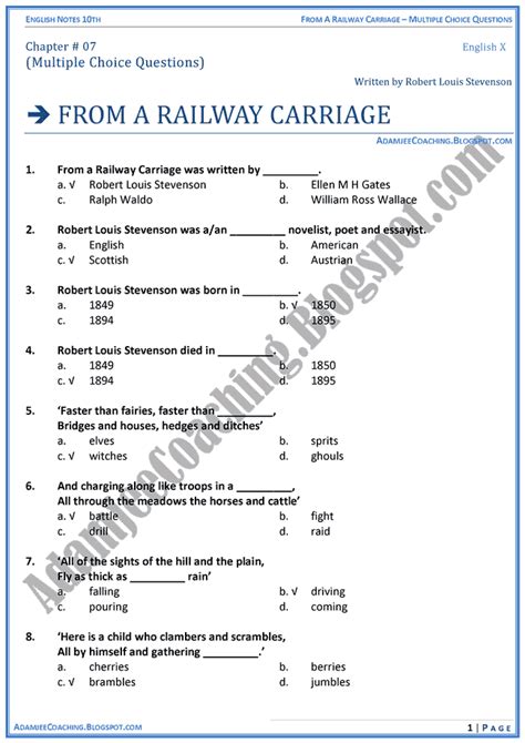 Adamjee Coaching From A Railway Carriage MCQs English 10th