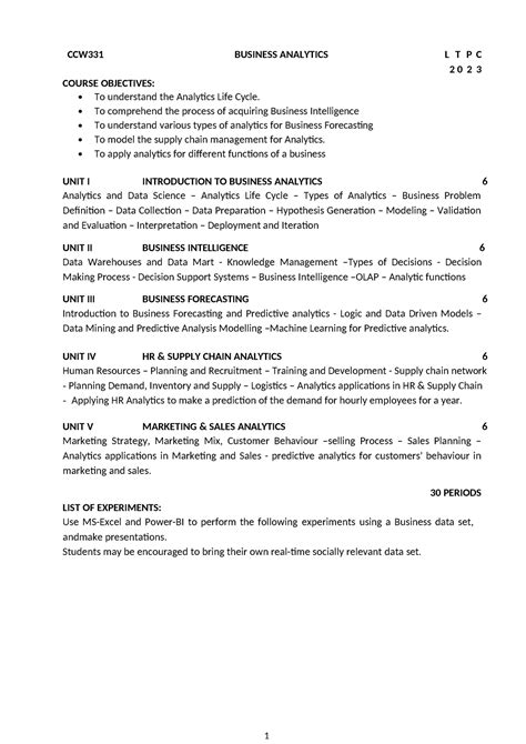 Business Analytics Notes Ccw331 Business Analytics L T P C 2 0 2 3