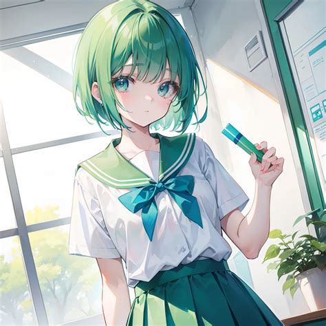 Anime Girl In Green Uniform Holding A Credit Card In Front Of A Window Seaart Ai