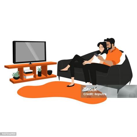 소파에서 텔레비전을 보는 다양성 커플 플랫 벡터 일러스트 레이 션 절연 텔레비전에 대한 스톡 벡터 아트 및 기타 이미지