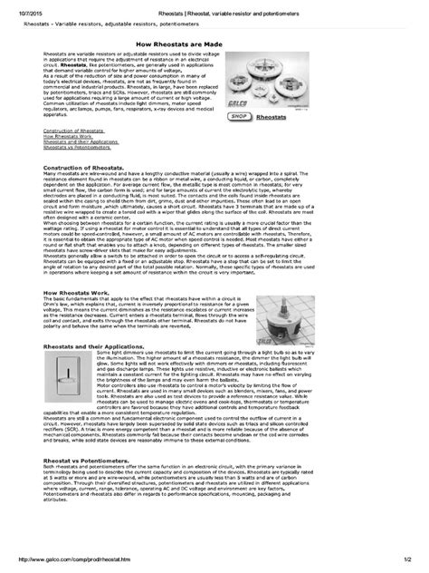 Rheostats Rheostat Variable Resistor And Potentiometers Pdf