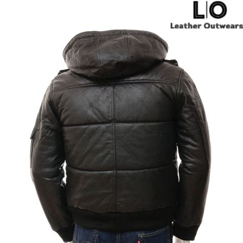 Mens Black Leather Bomber Hooded Jacket Leather Outwears