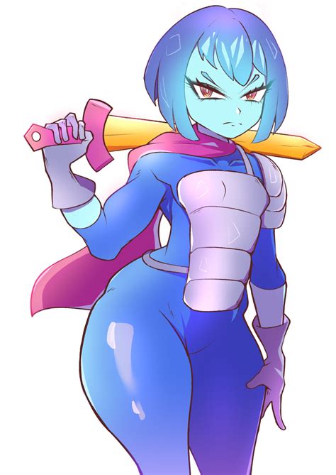Rule 34 Ambiguous Gender Armor Bangs Blue Hair Blue Skin Bodysuit