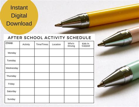 After School Activity Schedule Printable Instant Digital Download Etsy