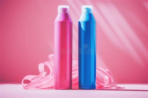 Blue And Pink Bottle Of Haircare Products On Pink Background Plastic Bottles With Shampoo And