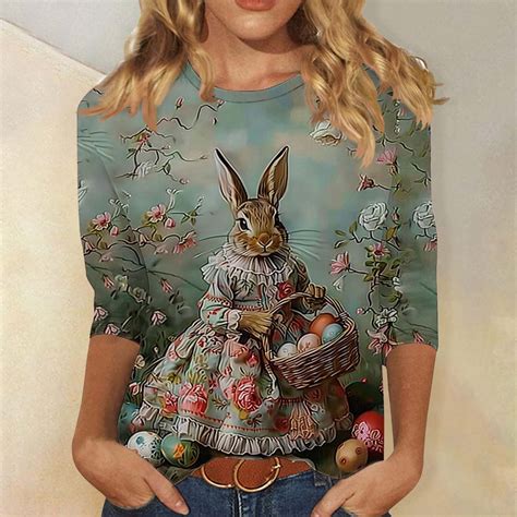 Cavosen Happy Easter Blouses For Women 34 Sleeve Bunny Graphic Print