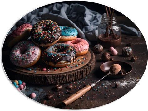 Pvc Schuimplaat Ovaal Foto Van Een Plateau Vol Verse Donuts 96x72