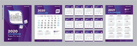 책상 달력 2020 템플릿 달력 2021 커버 디자인 주 일요일에 시작 12 개월 세트 플래너 템플릿 보라색 그라데이션 배경