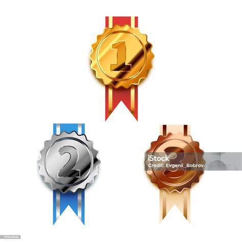 골든 실버 브론즈 수상 세트 첫 번째 두 번째 및 세 번째 장소에 대 한 테이프 흰색에 광택 배지 메달에 대한 스톡 벡터 아트 및 기타 이미지 Istock
