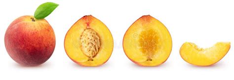 Whole Fresh Peach Fruit With Leaf Half And Pieces In A Row Isolated On White Background With
