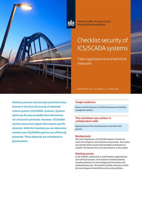 Pdf Checklist Security Of Icsscada Systems Ncsc · Checklist