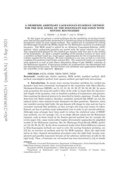 PDF A Meshfree Arbitrary Lagrangian Eulerian Method For The BGK Model Of The Boltzmann