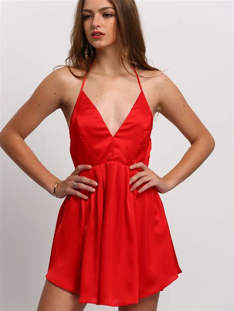 Red Spaghetti Strap Criss Cross Back Pleated Dress Sheinsheinside