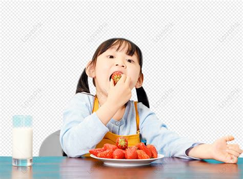 딸기 먹는 어린 소녀 Png 일러스트 무료 다운로드 Lovepik