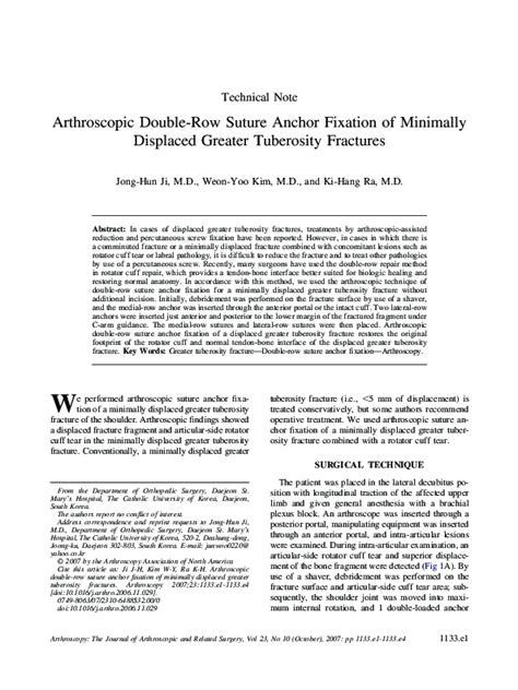 Pdf Arthroscopic Double Row Suture Anchor Fixation Of Minimally