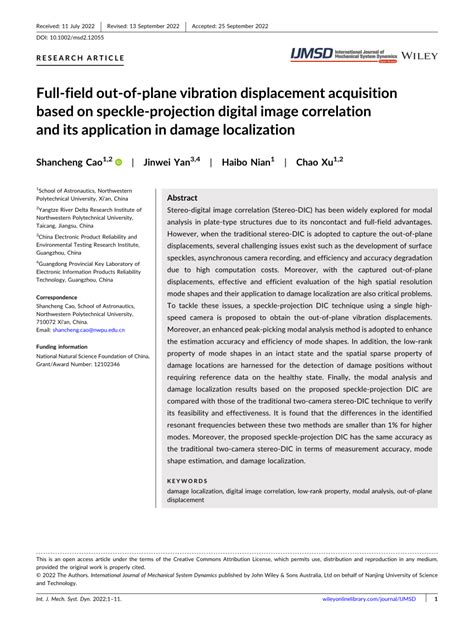 Pdf Full‐field Out‐of‐plane Vibration Displacement Acquisition Based On Speckle‐projection