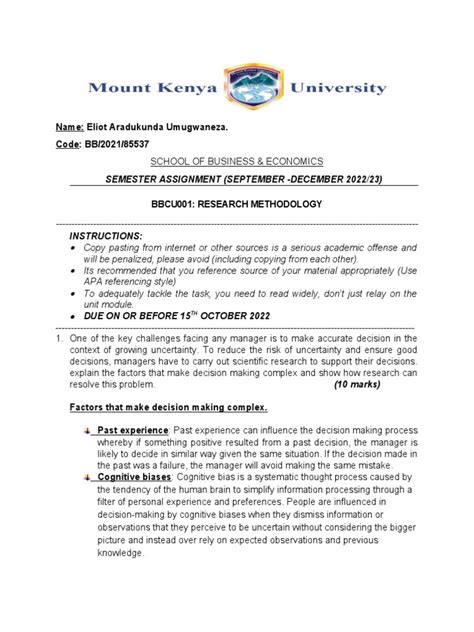 Research Methodology Assignment Eliot Aradukunda Pdf Sampling Statistics Decision Making