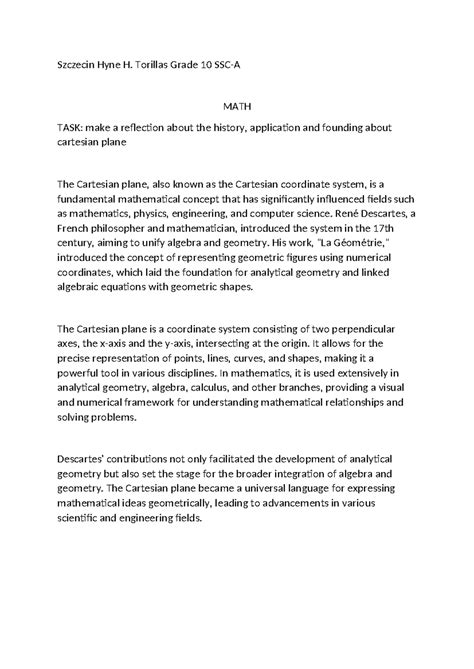 Math Reflection Szczecin Hyne H Torillas Grade 10 Ssc A Math Task Make A Reflection About