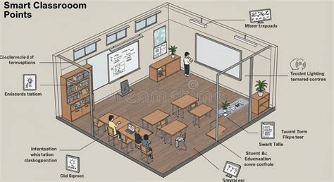 Illustration Of A Modern Classroom With Labeled Features And Technology