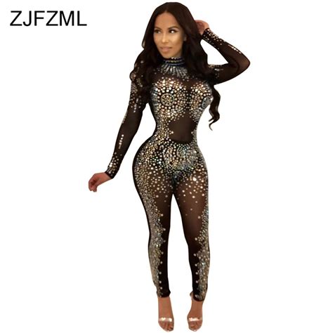 Sparkly Rhinestones Sexy Party Jumpsuit Women Mesh Patchwork See Through Bodycon Overall Elegant