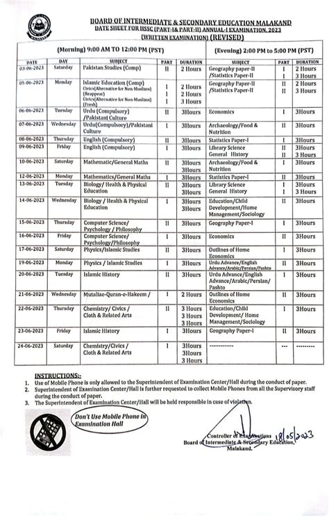 Bise Malakand Date Sheet Hssc Part I And Part Ii Annual I