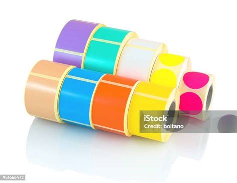 컬러 라벨 롤에 고립 된 흰색 배경과 그림자 반영 프린터에 대 한 레이블 릴 색상 직접 열 또는 열 전송 인쇄의 레이블 사각 및 원형 레이블 배경 0명에 대한 스톡 사진 및