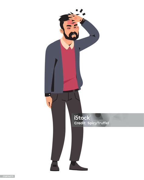 열과 코로나 바이러스 질병 증상을 가진 만화 남자 두통을 느끼는 남자 독감과 감기 열이 나는 아픈 환자 인플루엔자 감염 현기증과