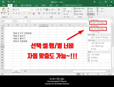 엑셀 셀 늘리기 방법 칸 자동맞춤 단축키 팁까지 네이버 블로그