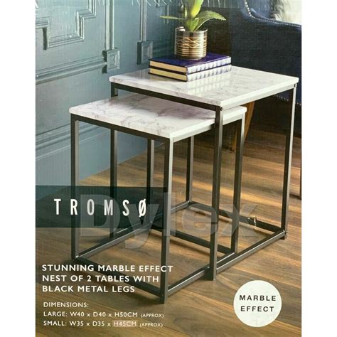 New Tromso Range Modern Set Of 2 Marble Effect Nest Of Table With Metal