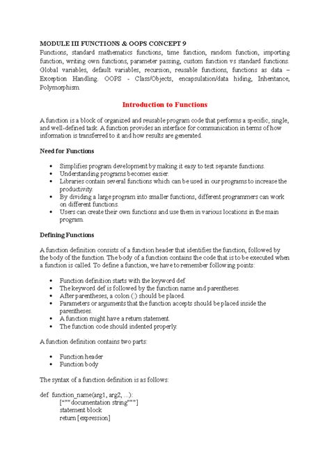 Module Iii Functions Python Notes Oop Concepts Studocu