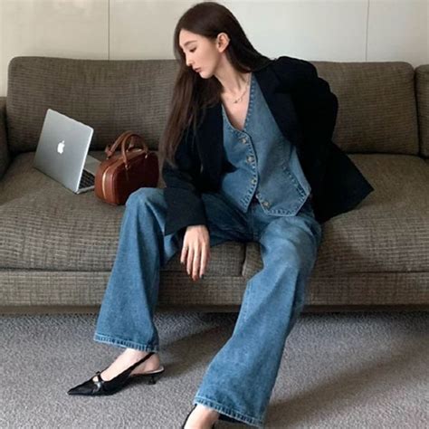 린다걸 코디세트모직 코튼 싱글 브레스트 자켓 데님 조끼 데님 와이드핏 팬츠 쓰리피스 세트 캐주얼 러블리 하객룩 상견례 결혼식 간절기 데이트 데일리 오피스룩 셋업 Set