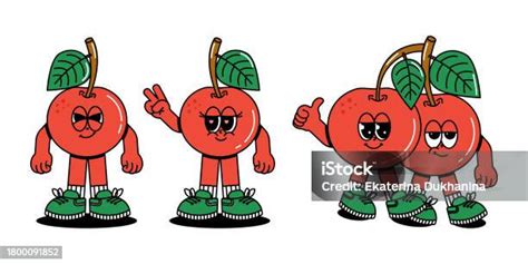 귀여운 캐릭터 체리의 세트 그루비 만화 스타일 펑키한 만화 마스코트가 있는 트렌디하고 현대적인 일러스트레이션 과일의 빨간색 녹색 70년대 80년대 복고풍 분위기 벡터 0명에