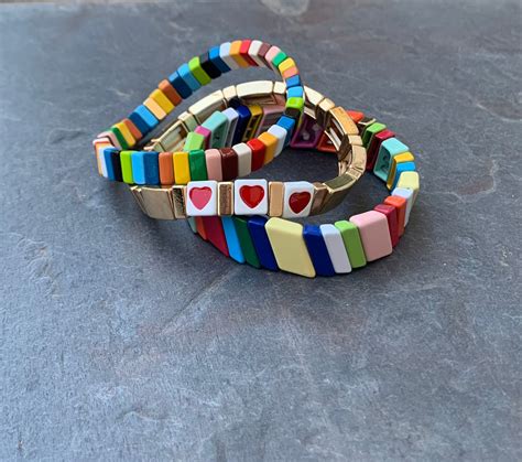 Set Of Enamel Tile Bead Stretch Bracelets Etsy